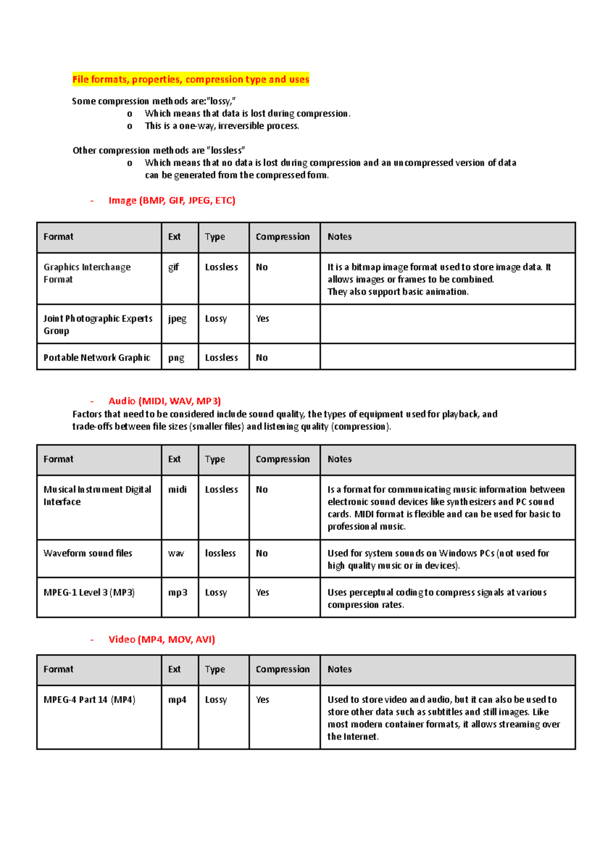 Multimedia Prelims Revision - File formats, properties, compression ...