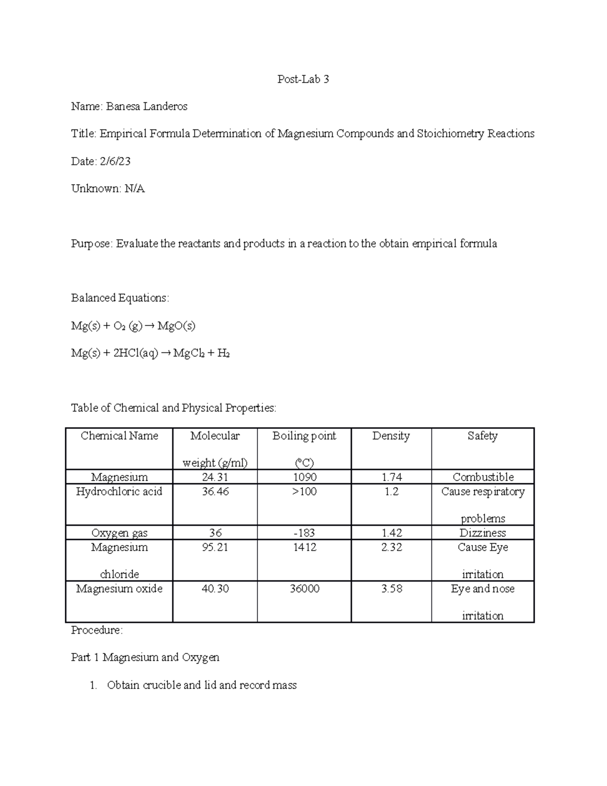 Post-Lab 3 - A lab on empirical formula and stoichiometry - Post-Lab 3 ...