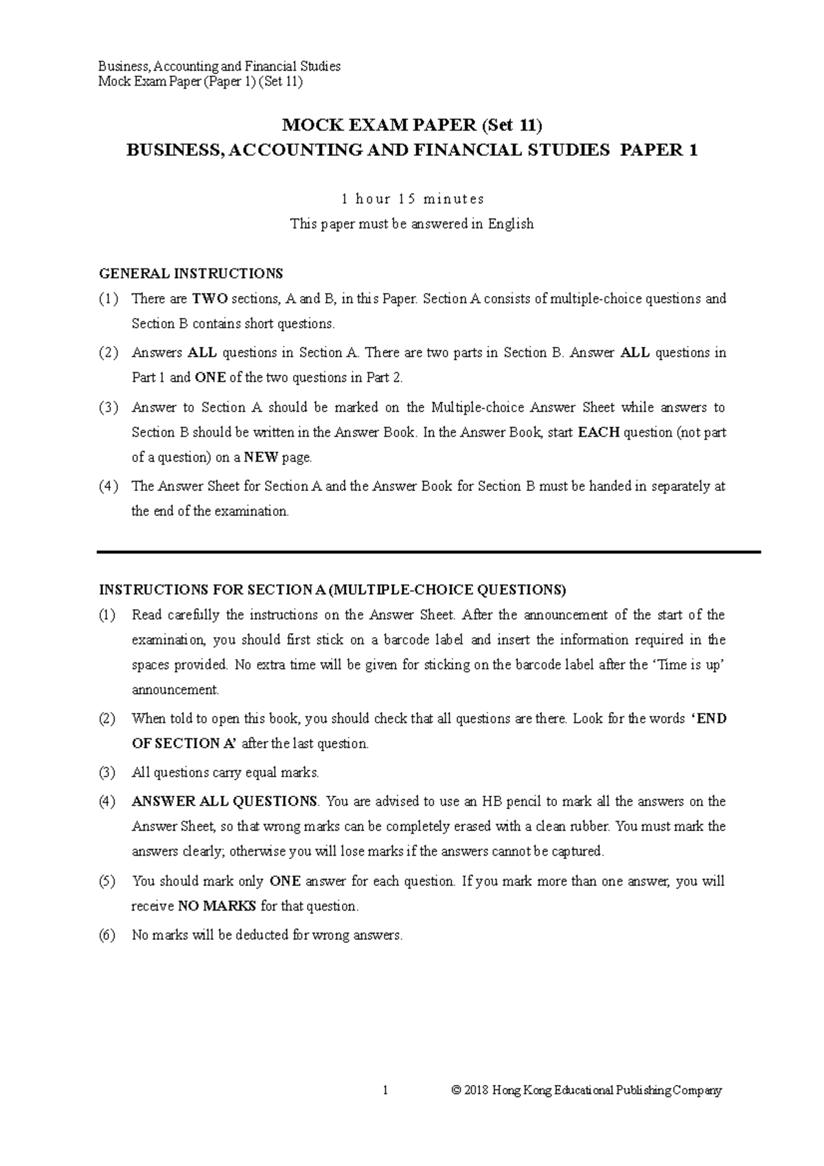 BAFS Mock paper 1 set 11 eng - Mock Exam Paper (Paper 1) (Set 11) MOCK ...