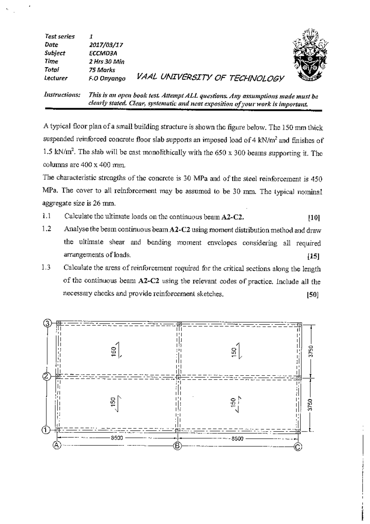 VAAL UNIVERSITY OF TECHNOLOGY DEPARTMENT OF CIVIL ENGINEERING AND ...