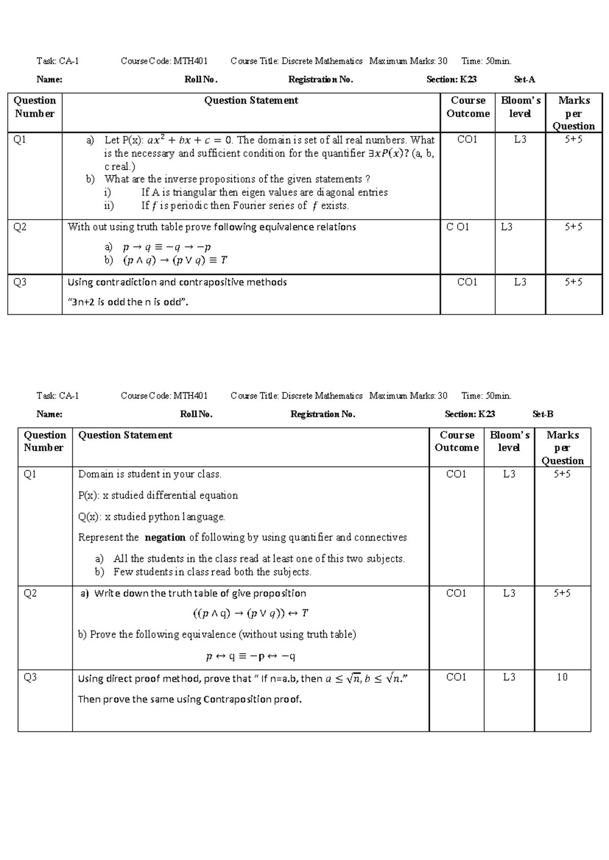 CA1 4 set - ju;ukvkh - Task: CA- 1 Course Code: MTH 401 Course Title: Discrete Mathematics ...