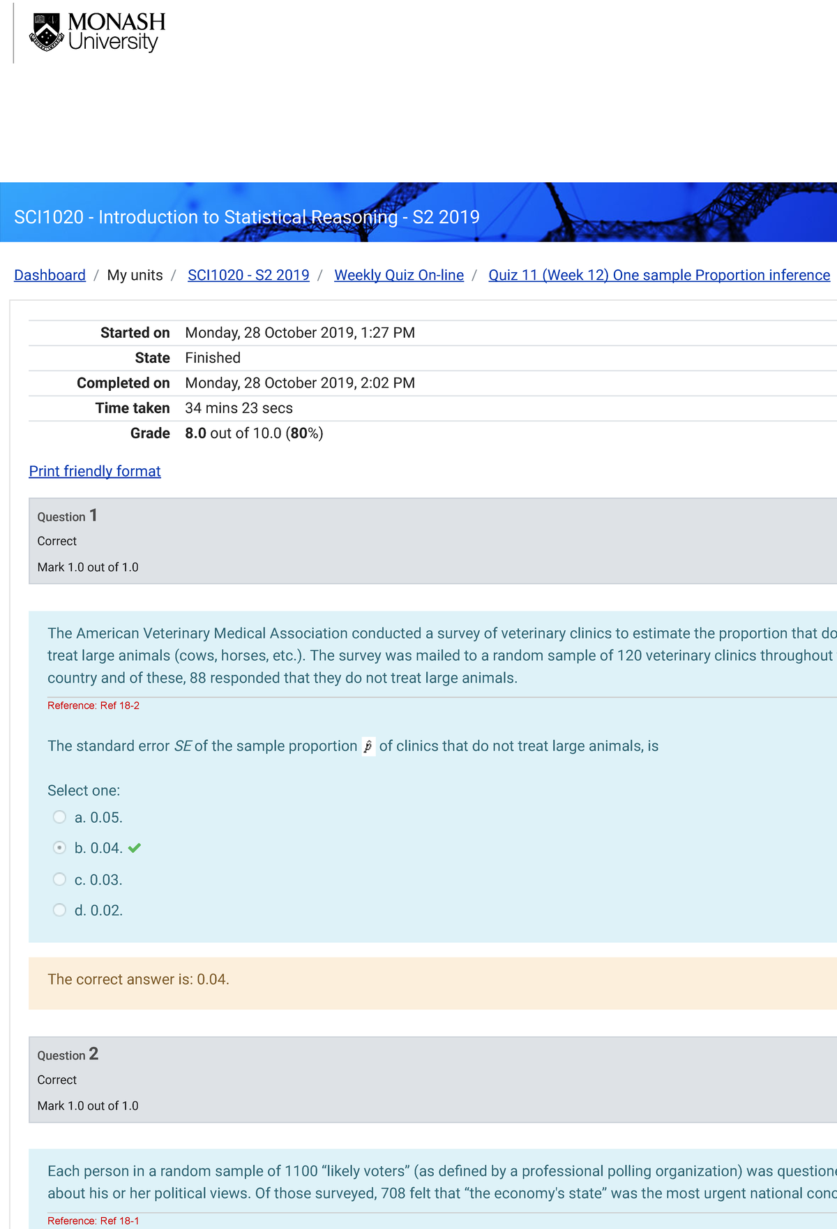 Quiz 11 (Week 12) One sample Proportion inference: Attempt review - Dashboard / My units ...