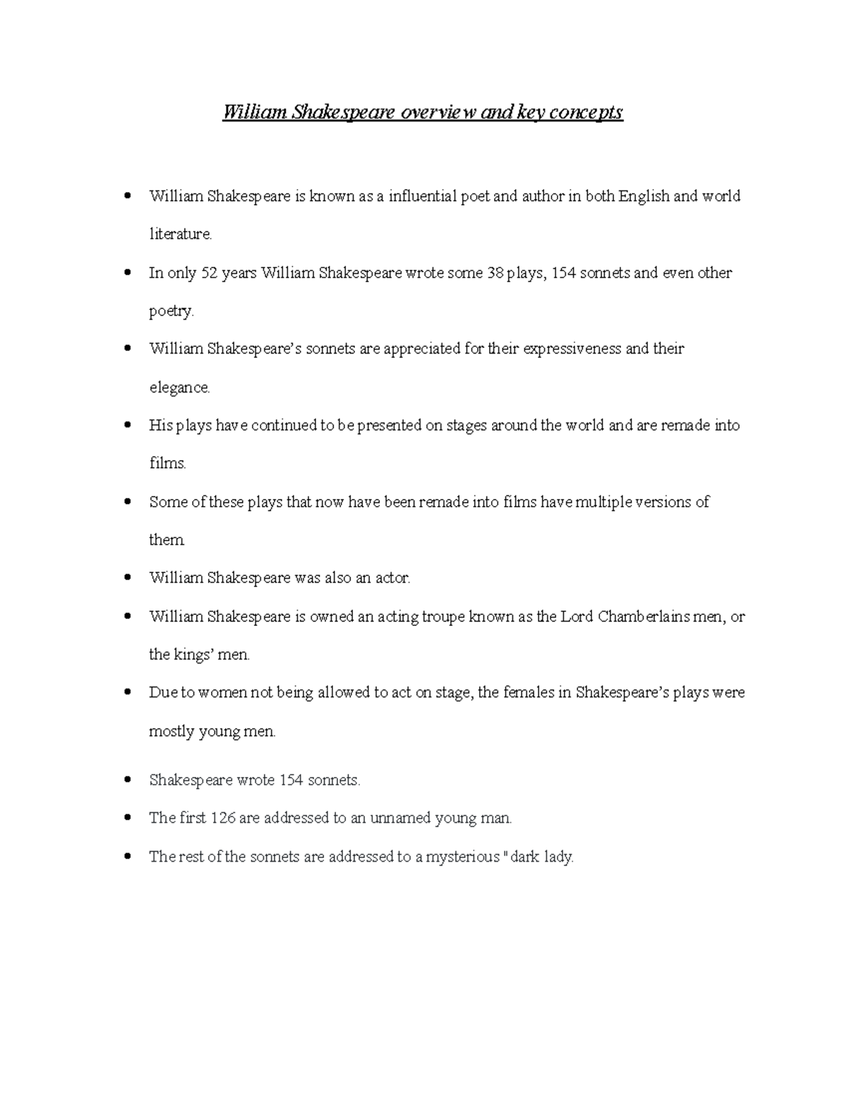 William Shakespeare overview and key concepts - In only 52 years ...