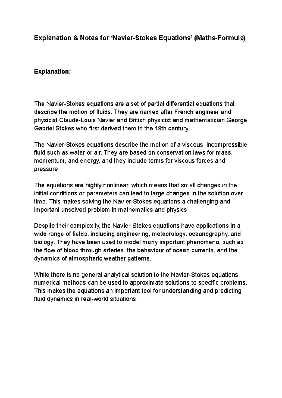 Explanation And Notes for Navier-Stokes Equations Math-Formula ...