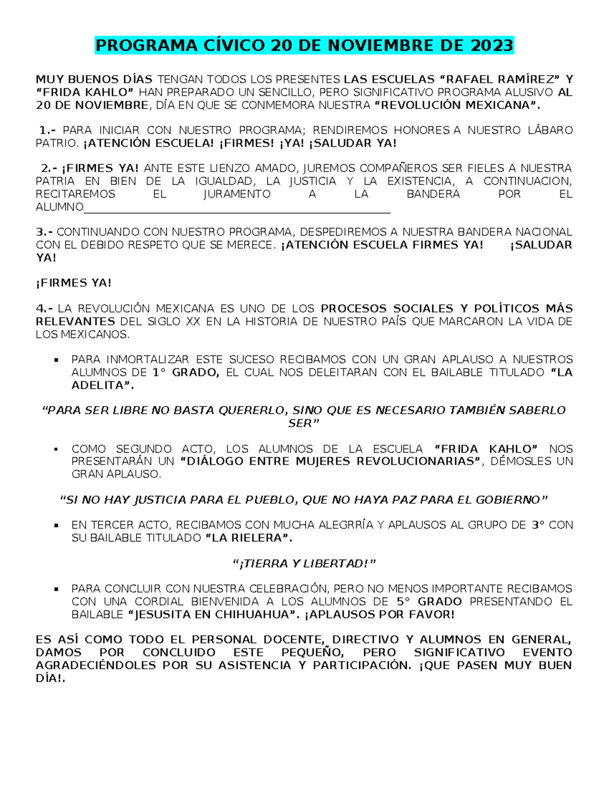 Programa Cívico DEL 20 DE Noviembre - PROGRAMA CÍVICO 20 DE NOVIEMBRE DE 2023 MUY BUENOS DÍAS ...