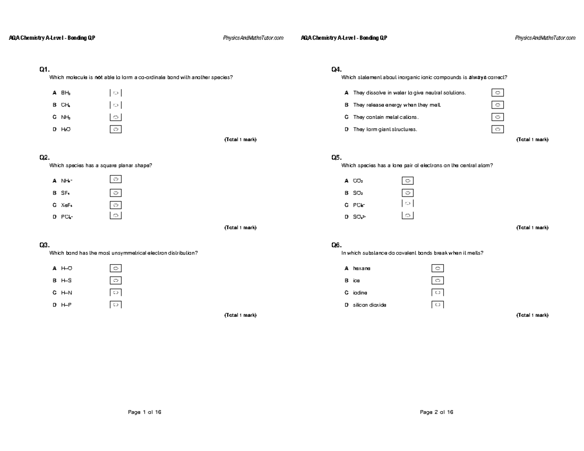 A Level Chem PMT Bonding Practice Questions - Q1. Which molecule is not ...