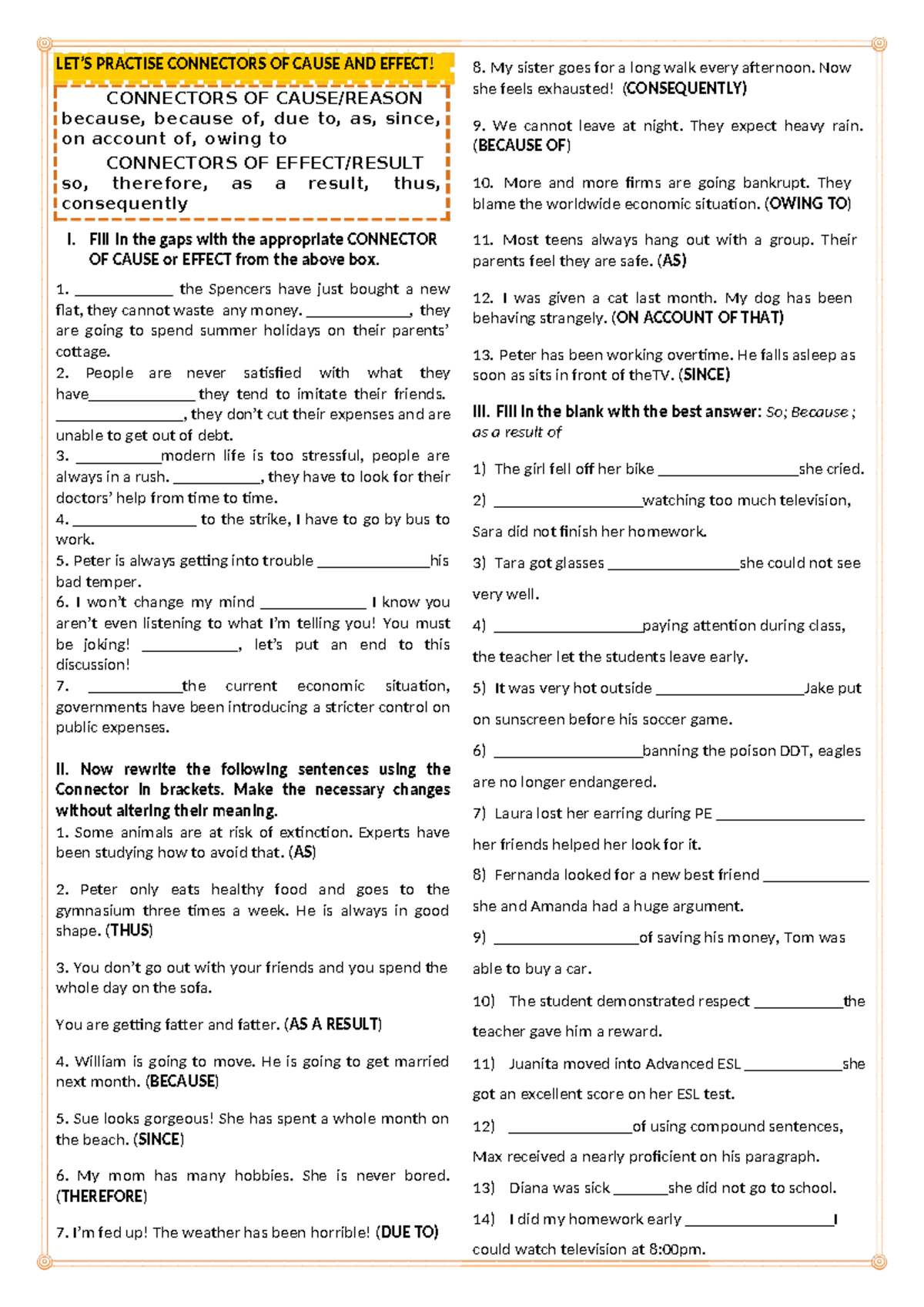 Cause AND Effect Linkers-SS - LET’S PRACTISE CONNECTORS OF CAUSE AND ...