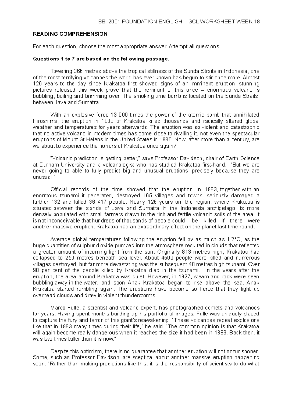 2001 - SCL Week 19 - Reading comprehension - READING COMPREHENSION For ...