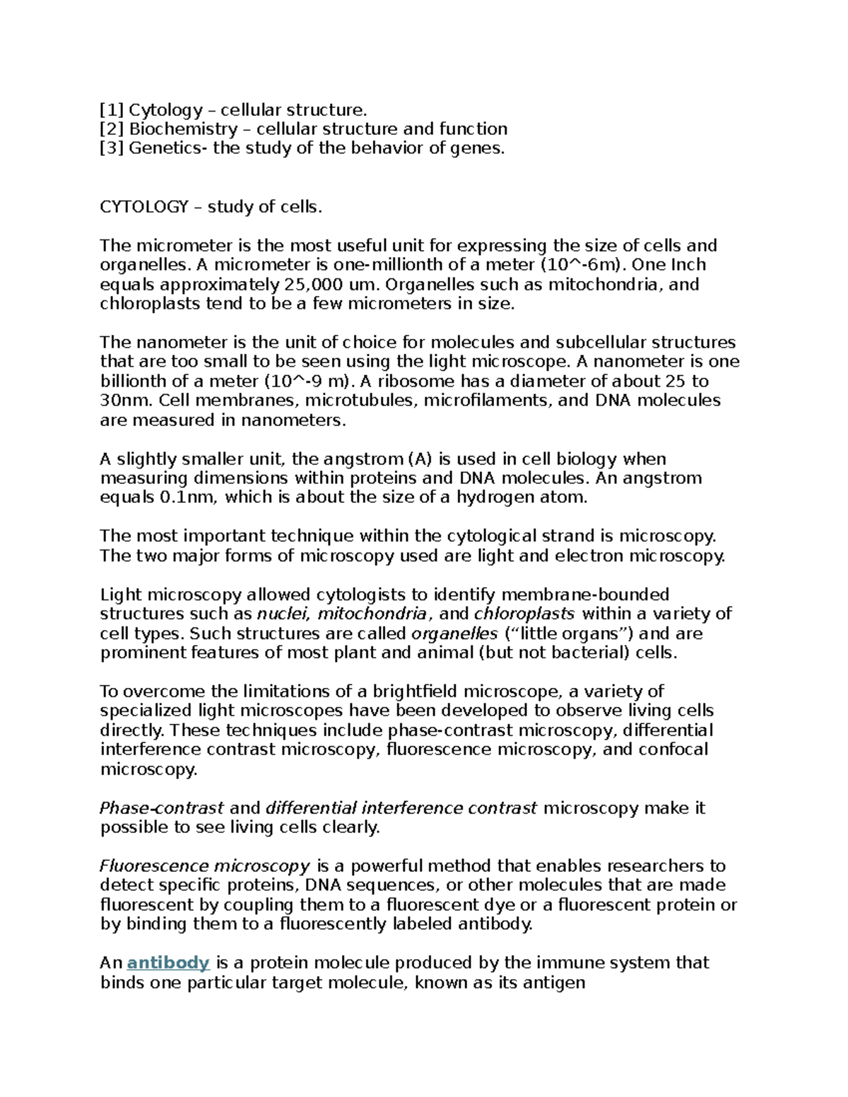 CH 1 Cell Bio Notes - [1] Cytology – cellular structure. [2 ...