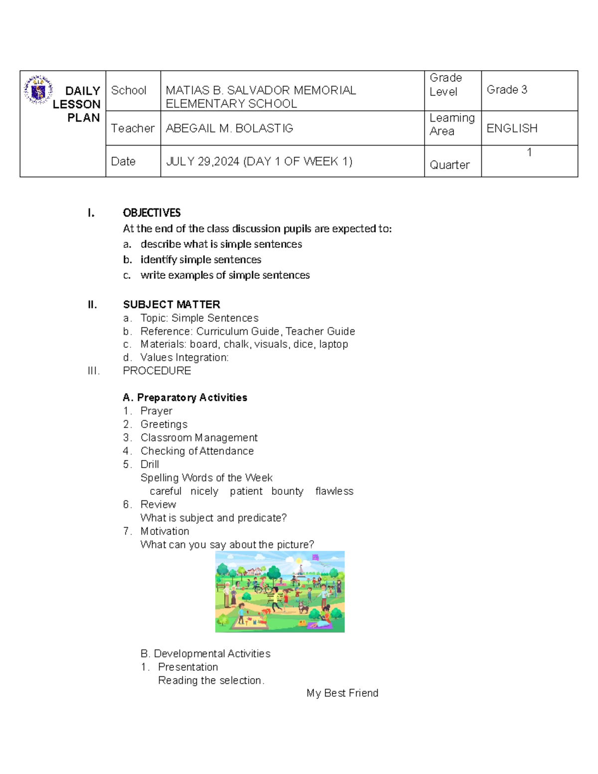 English 3 - Sample Lesson Plan - DAILY LESSON PLAN School MATIAS B ...