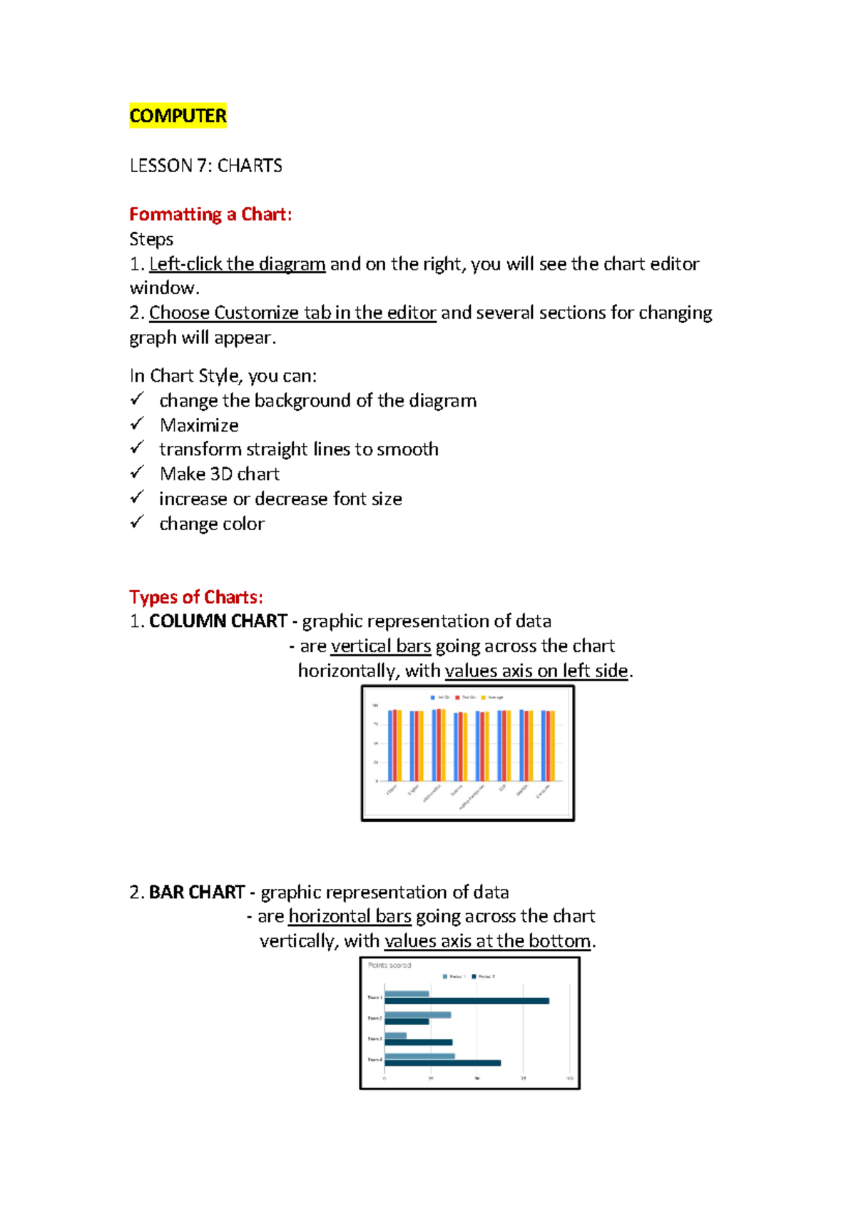 Q3 Computer - COMPUTER LESSON 7: CHARTS Formatting a Chart: Steps Left ...
