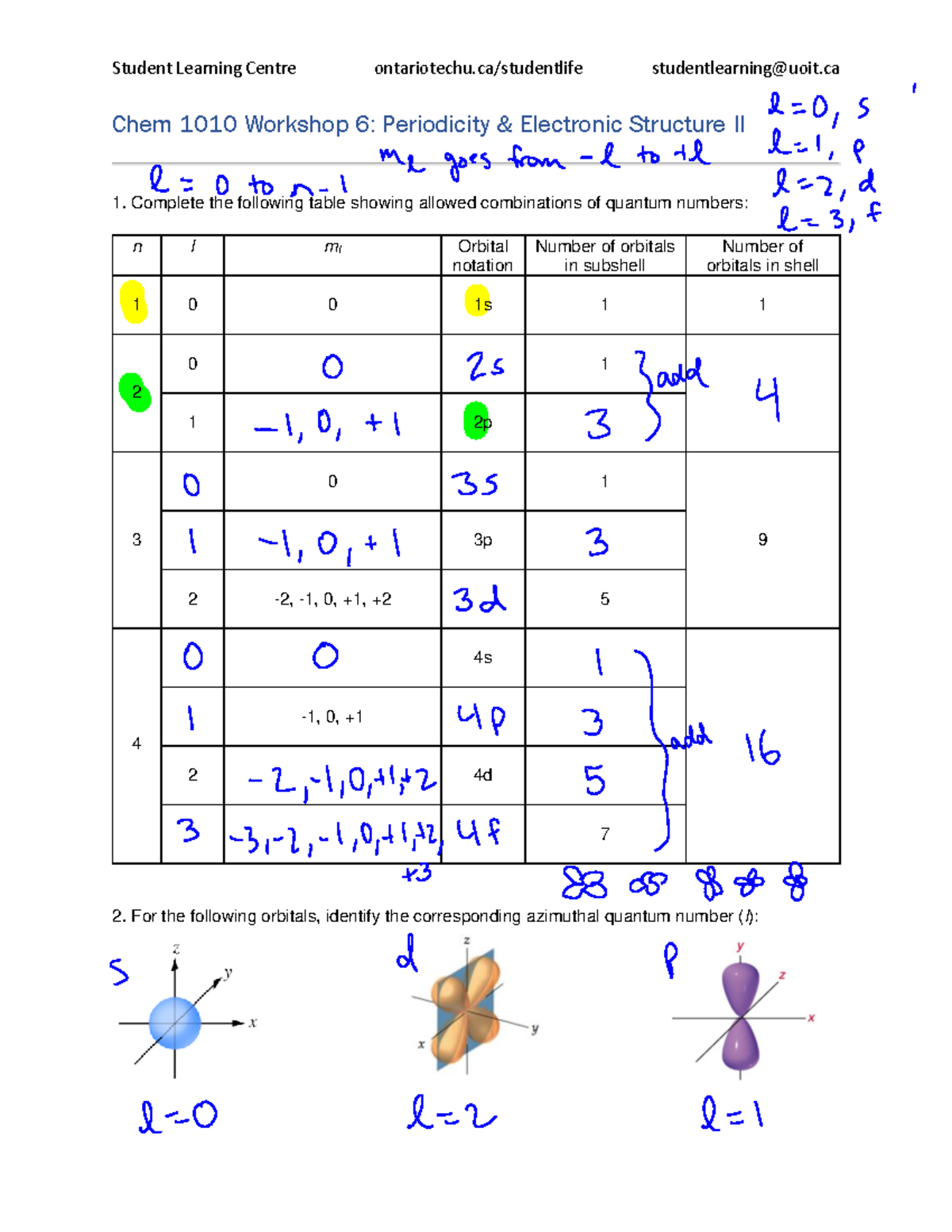 WS 6 solutions - Chem 1010 Workshop 6: Periodicity & Electronic Structure II Complete the - Studocu