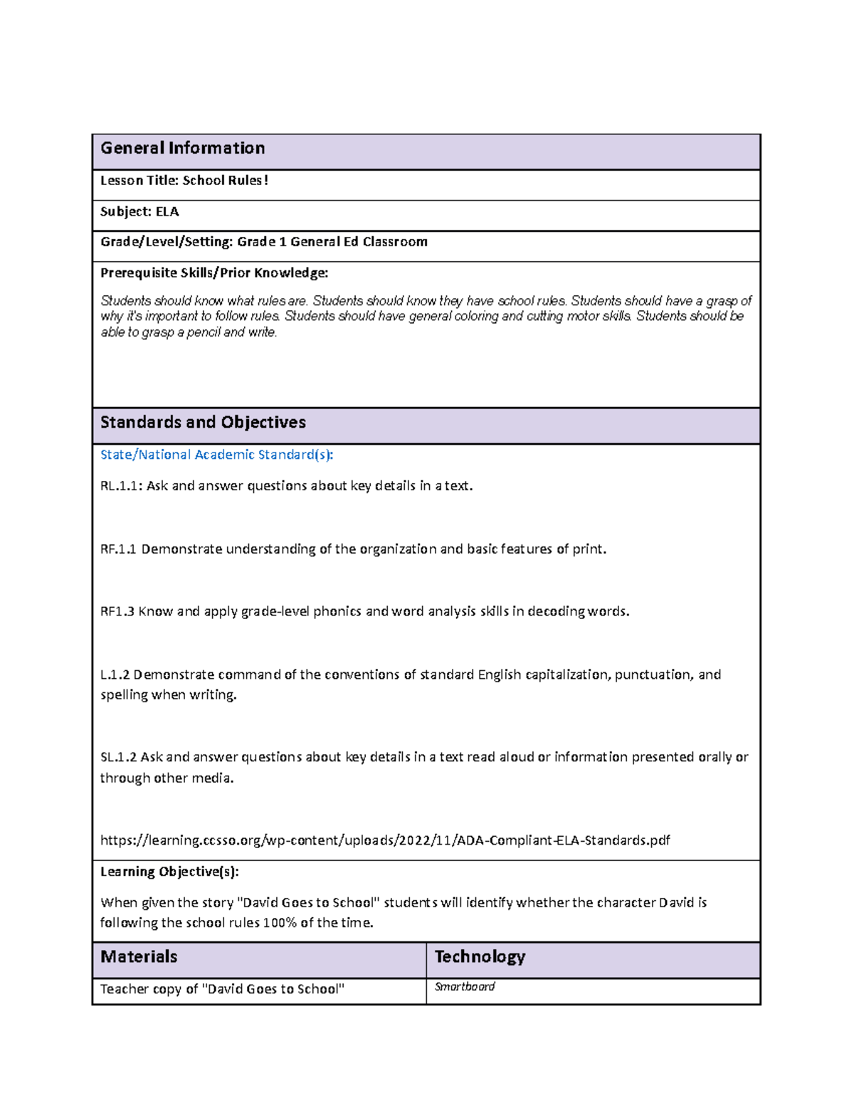 Pce lesson - General Information Lesson Title: School Rules! Subject ...