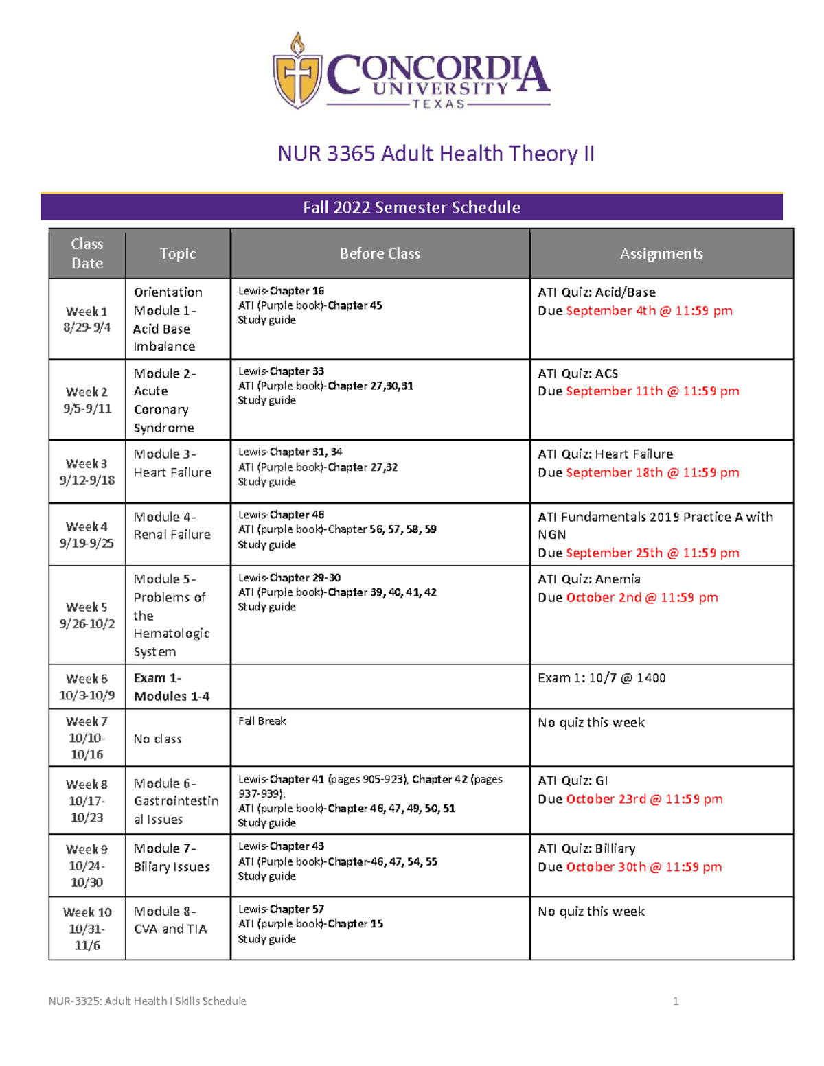 Schedule AH Theory II Fall 2022 1 - NUR-3325: Adult Health I Skills Schedule 1 NUR 3365 Adult ...