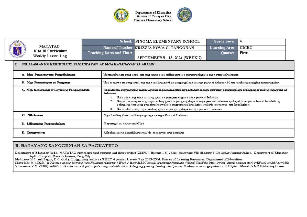 DLL Matatag GMRC 4 Q1 W7 - gmrc daily lesson log - MATATAG K to 10 Curriculum Weekly Lesson Log ...