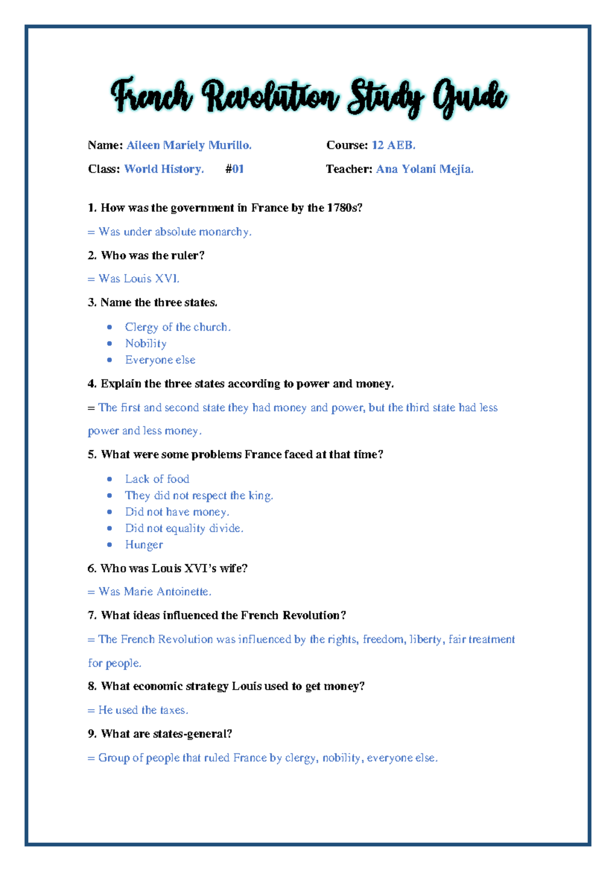 French Revolution Study Guide - Course: 12 AEB. Class: World History ...