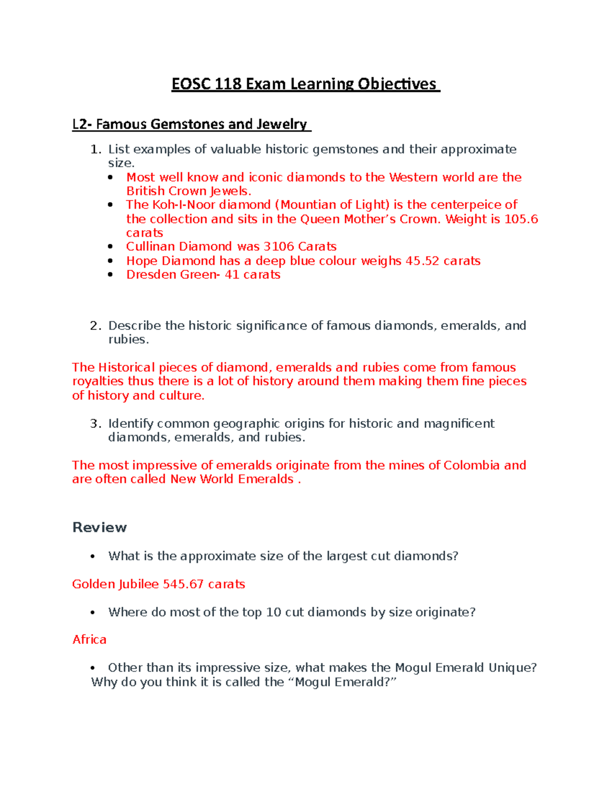 EOSC 118 Exam Learning Objectives - EOSC 118 Exam Learning Objectives L2- Famous Gemstones and ...
