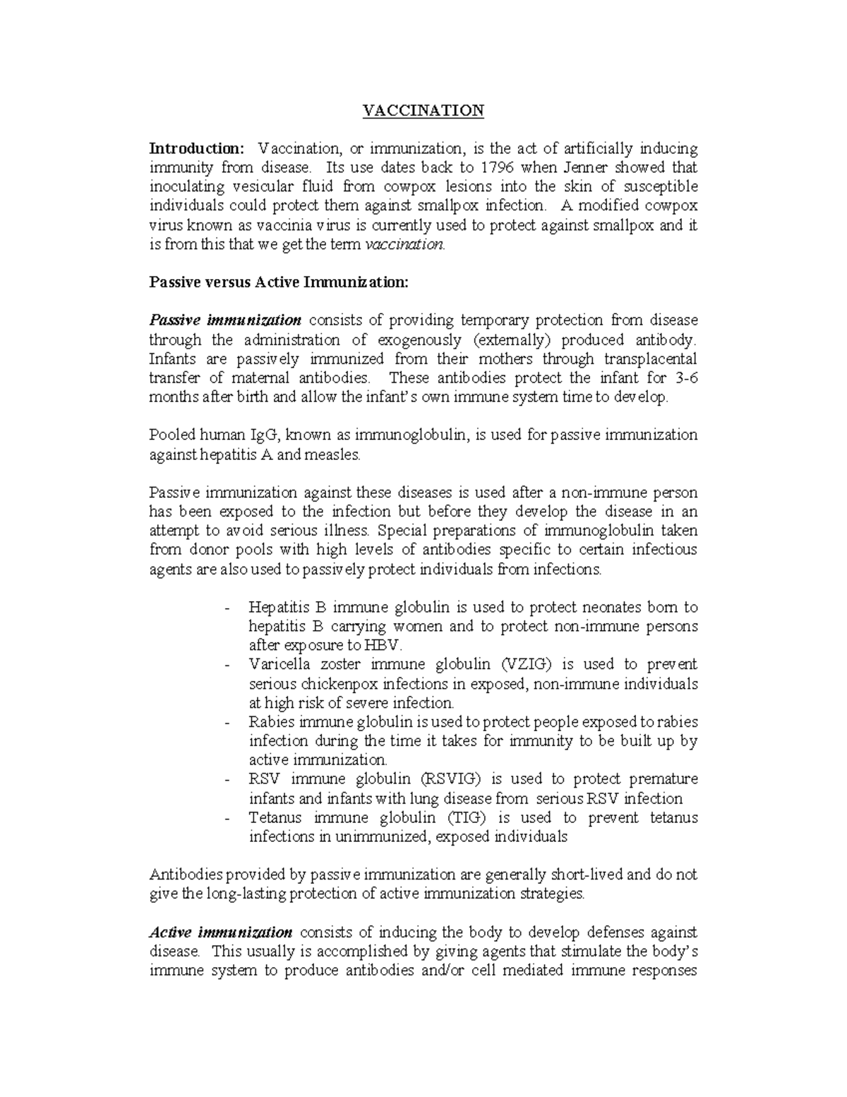 Immunization notes - VACCINATION Introduction: Vaccination, or ...