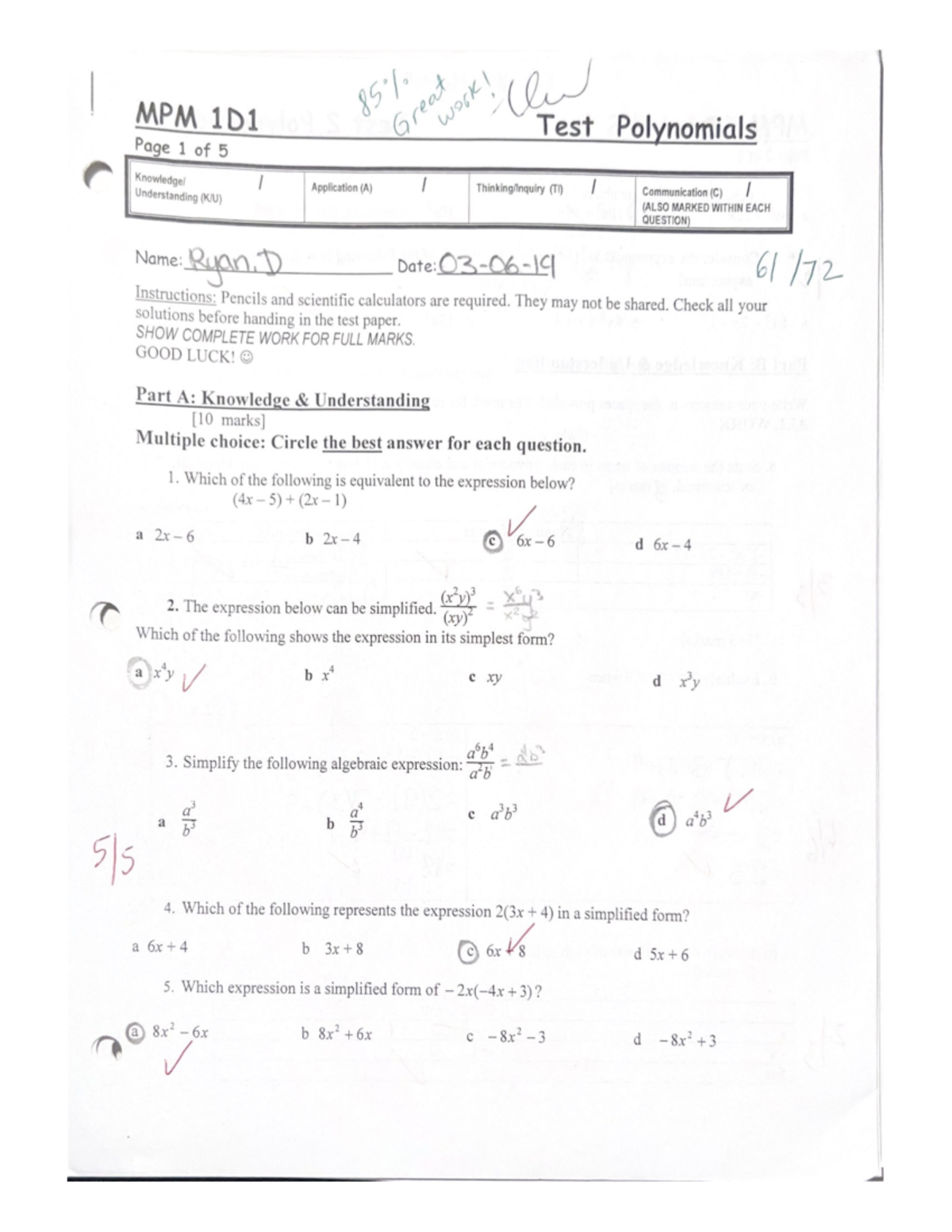 Grade 9 Math - Polynomials Practice Questions - Studocu