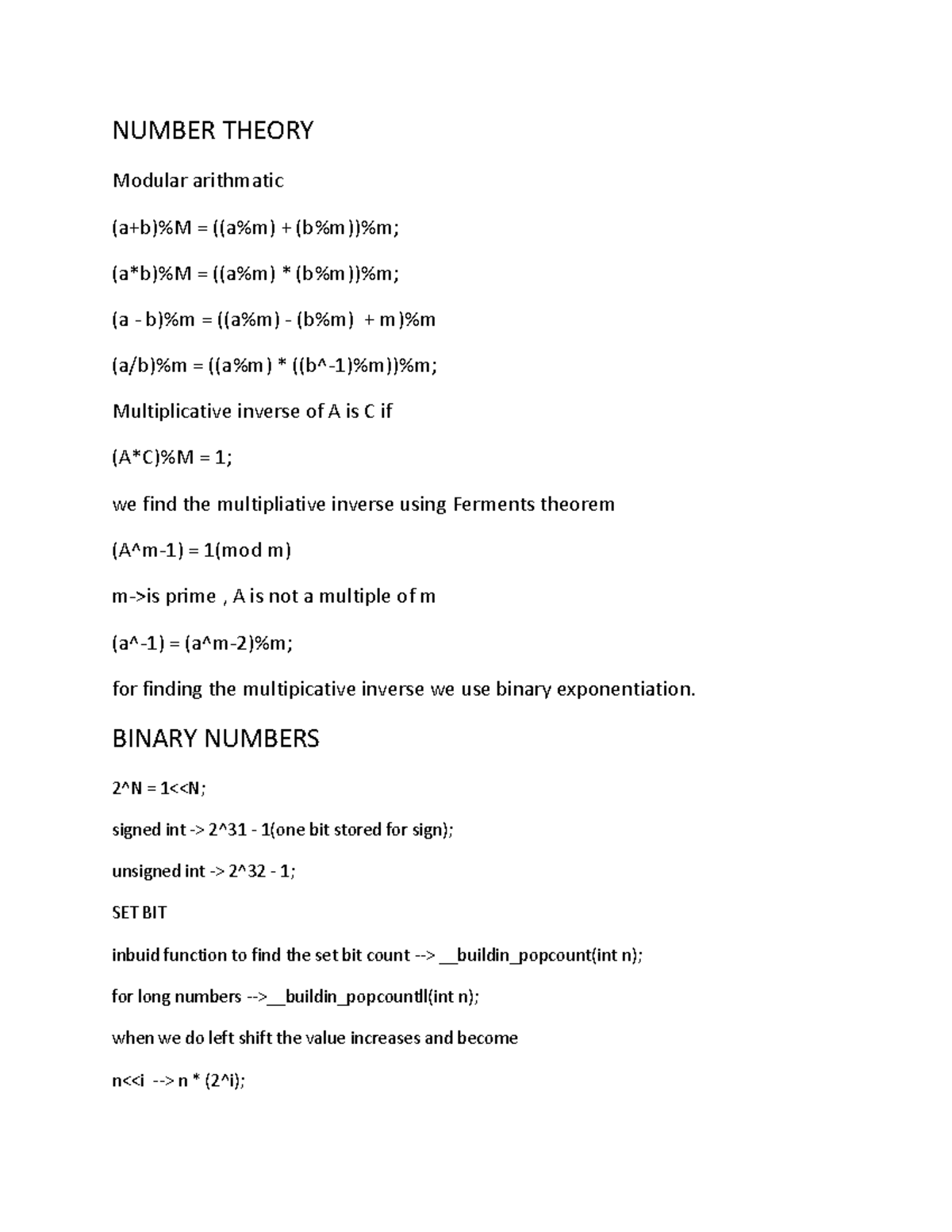 Number - NUMBER THEORY Modular arithmatic (a+b)%M = ((a%m) + (b%m))%m; (a*b)%M = ((a%m) * (b%m ...
