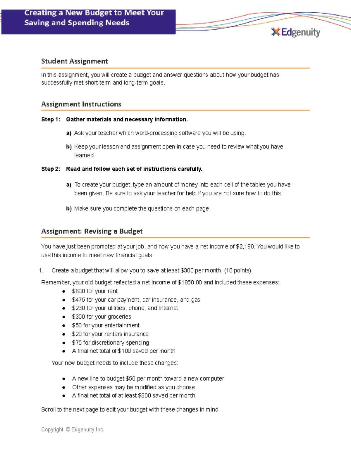 Creating a New Budget Student Assignment - Student Assignment In this ...
