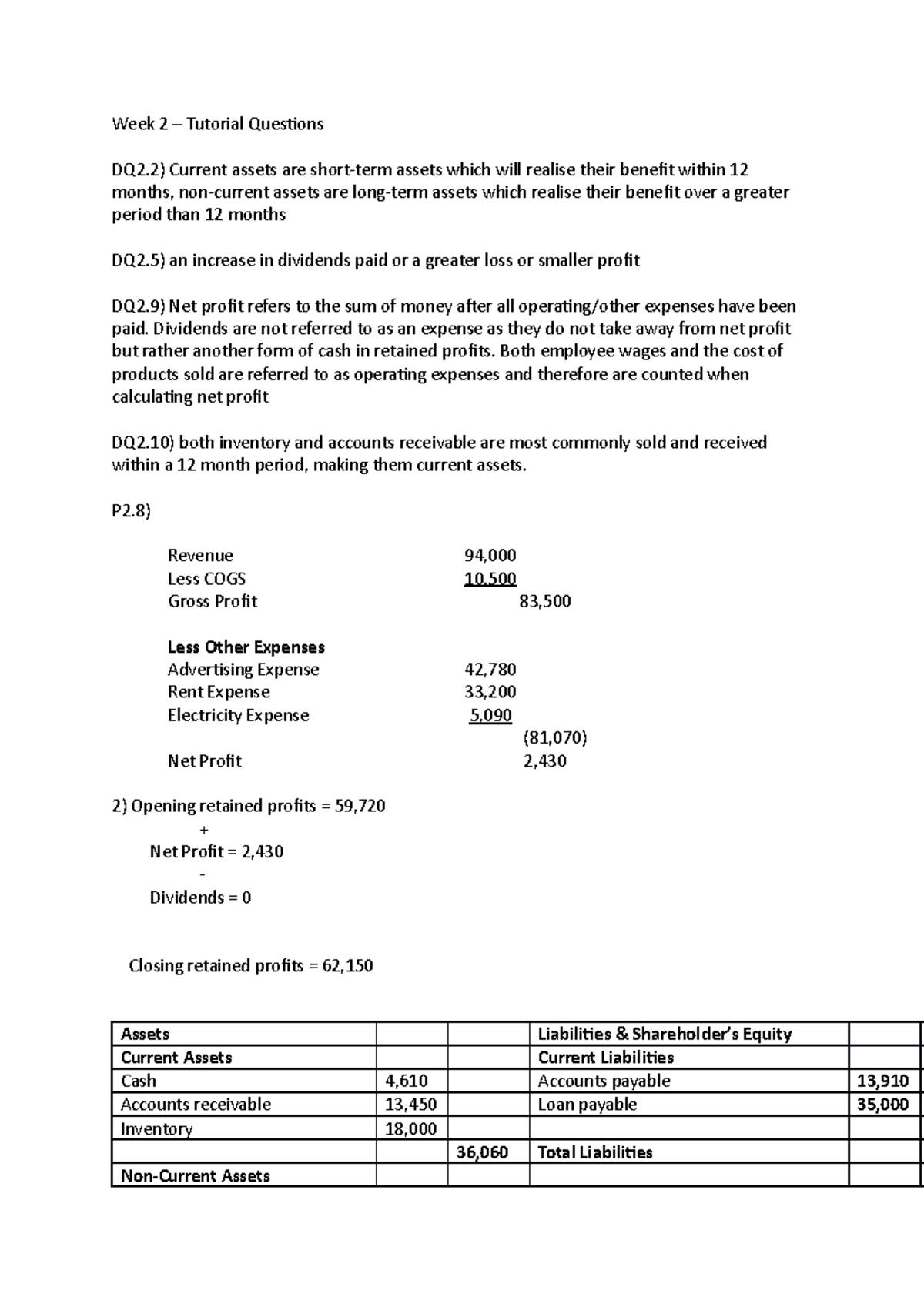 Week 2 - HW - tutorilal - Week 2 – Tutorial Questions DQ2) Current assets are short-term assets ...