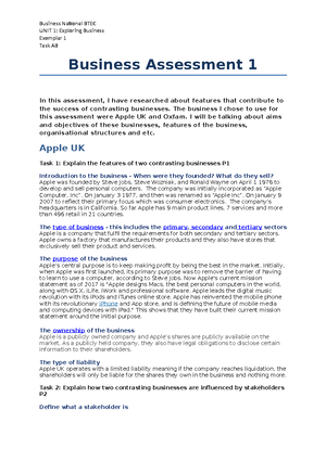 Unit 1 Aim A and B Checklist - BTEC Business Studies Level 3, Unit 1 Exploring Business ...