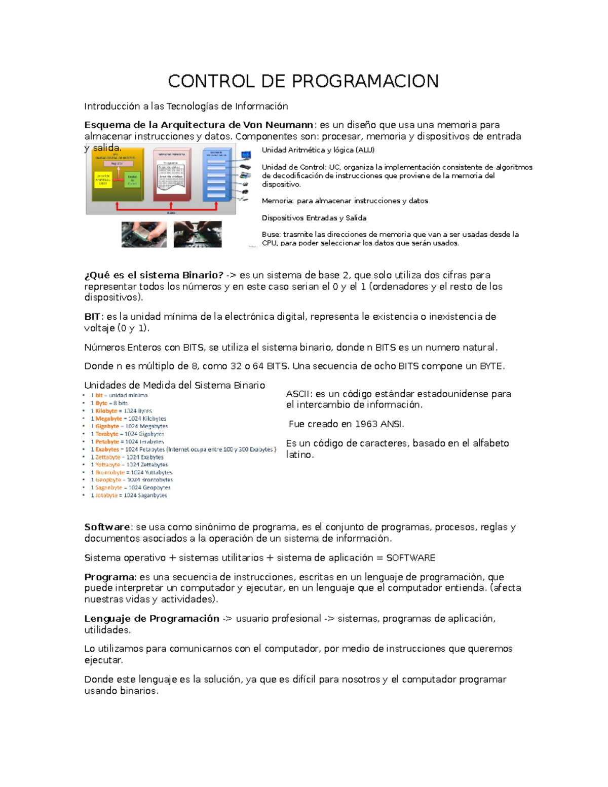 Control Progra - Unidad Aritmética y lógica (ALU) Unidad de Control: UC ...