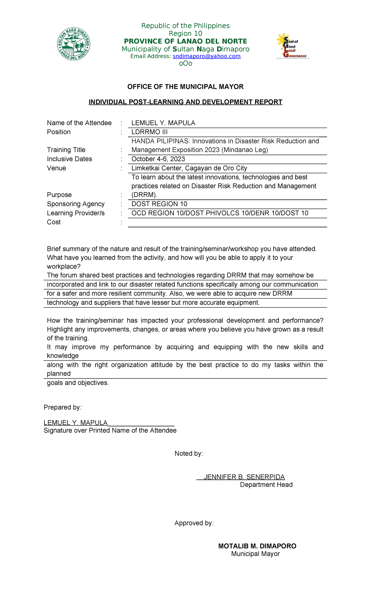POST Learning AND Development Report 2 - Republic of the Philippines ...
