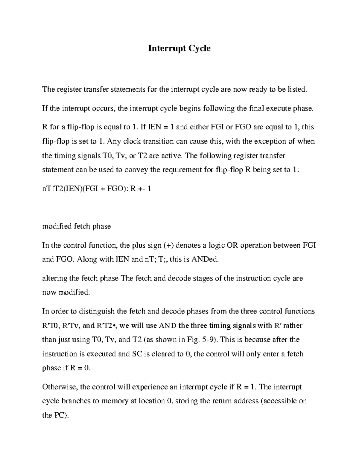 Interrupt Cycle And Complete Computer Description Interrupt Cycle The