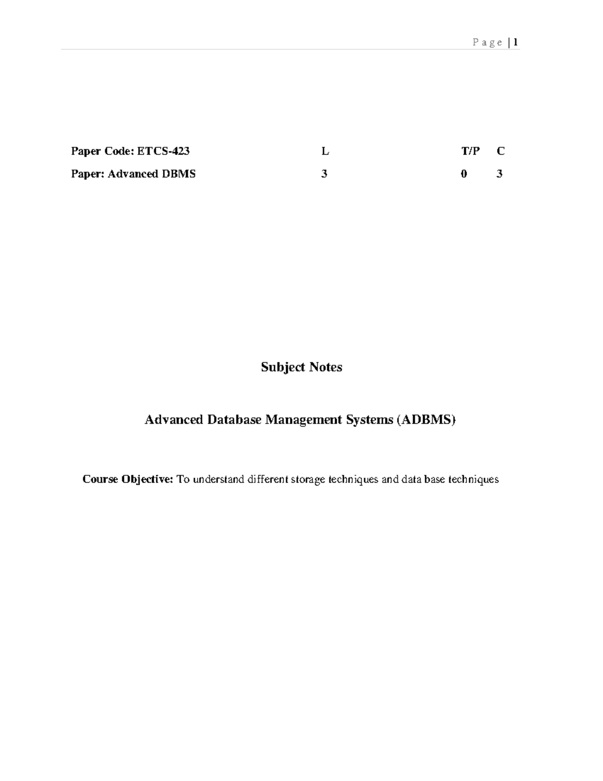 Subject Notes Adbms 7th Sem - Paper Code: ETCS-423 L T/P C Paper ...