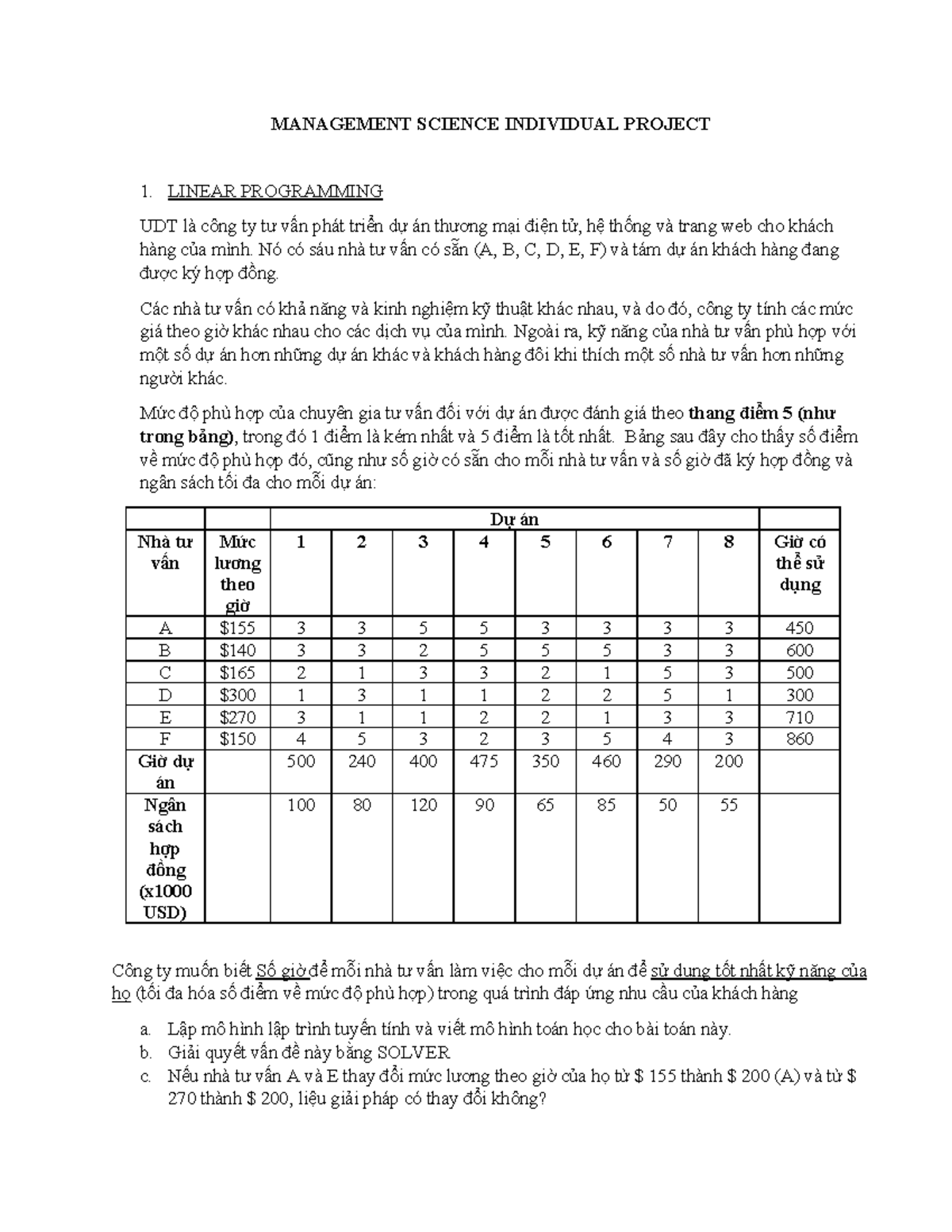 Midterm exam - thi mo hinh kd 2023 - MANAGEMENT SCIENCE INDIVIDUAL PROJECT 1. LINEAR PROGRAMMING ...