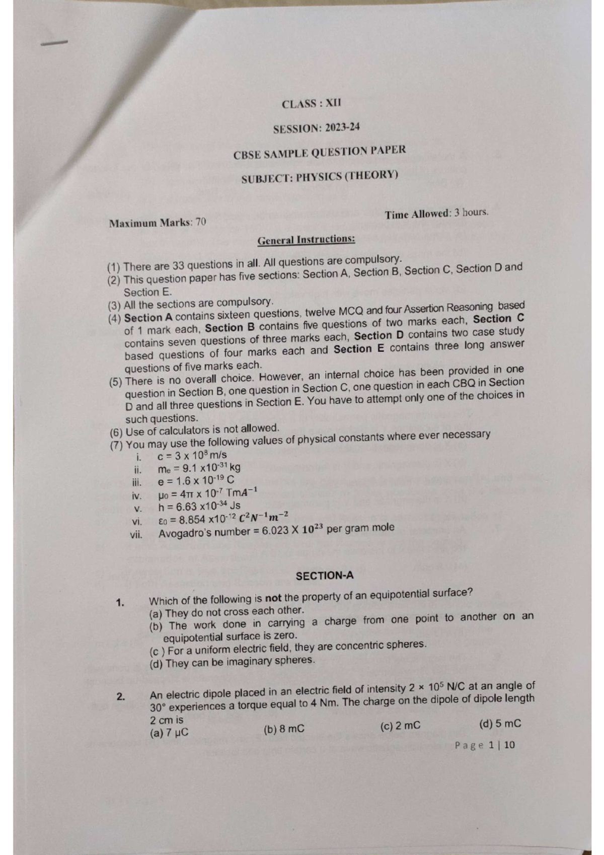 Physics sample paper - Class 12 CBSE - Studocu