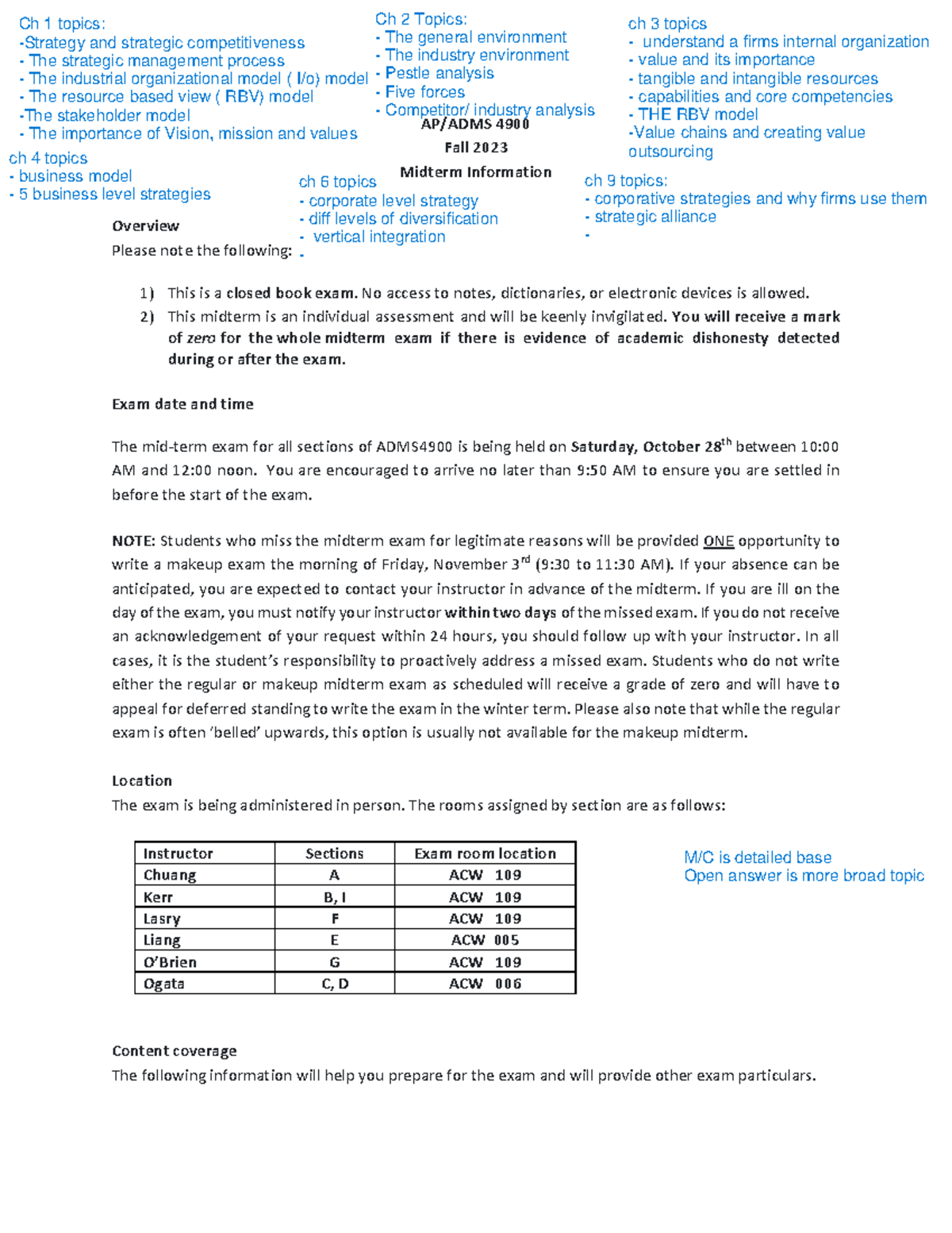 Mid term information F2023 - AP/ADMS 4900 Fall 2023 Midterm Information Overview Please note the ...