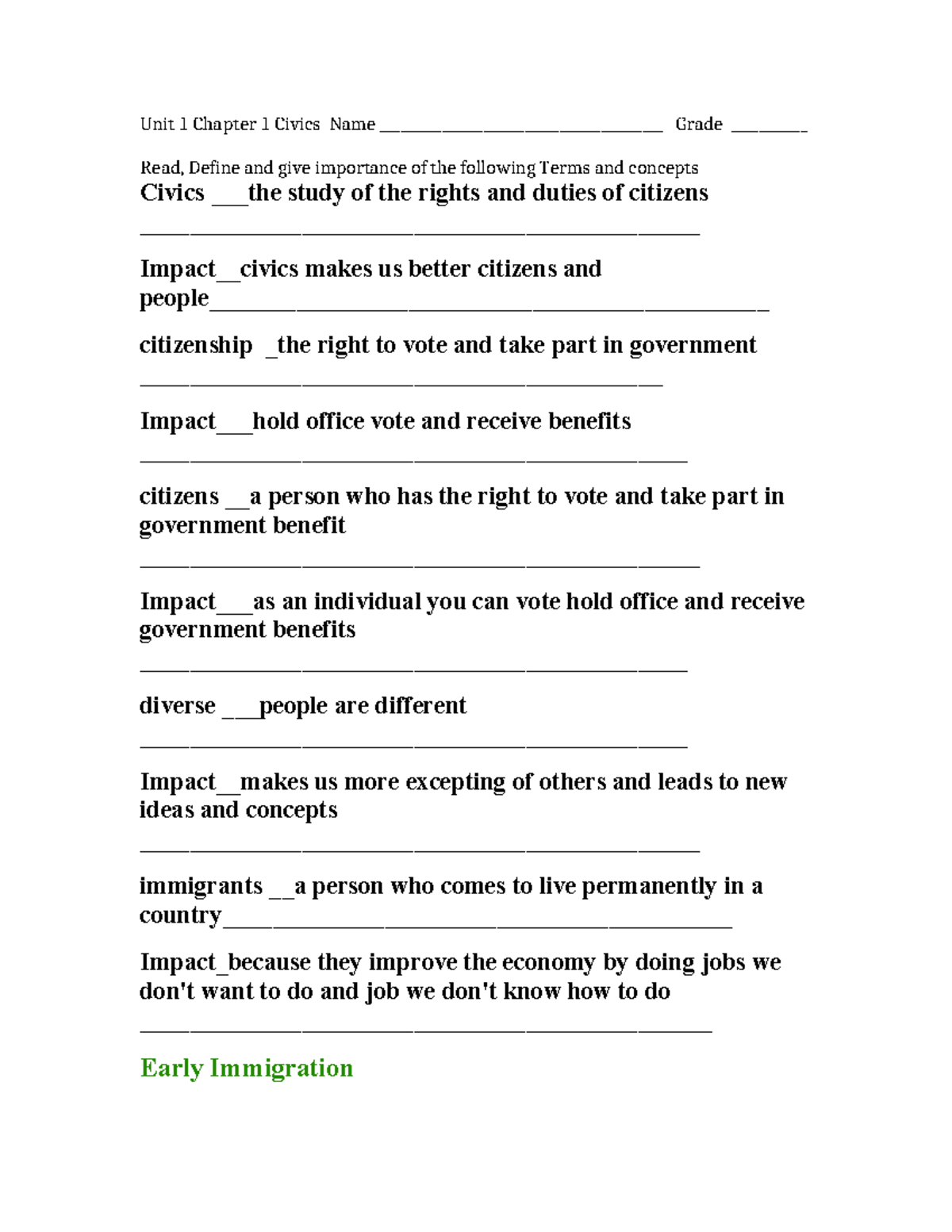 Unit 1 Civics Vocab and reading guide 14 -1 - Unit 1 Chapter 1 Civics ...