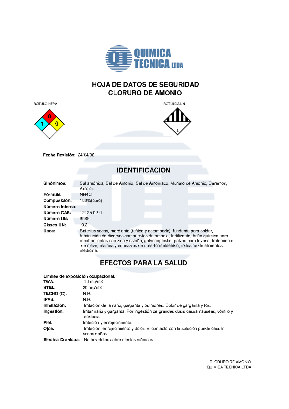 Hoja de Seguridad - Reactivo Cloruro de amonio - CLORURO DE AMONIO HOJA DE DATOS DE SEGURIDAD ...