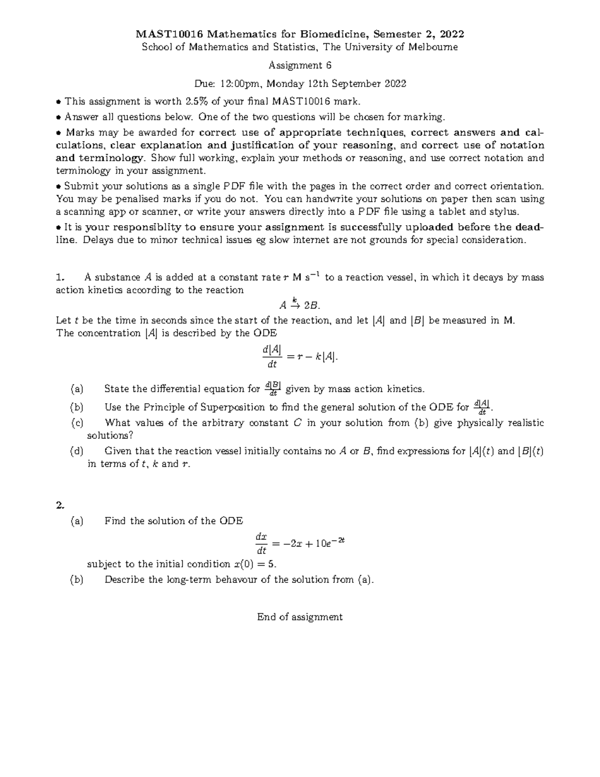 Assignment 6 - MAST10016 2022S2 - MAST10016 Mathematics for Biomedicine ...