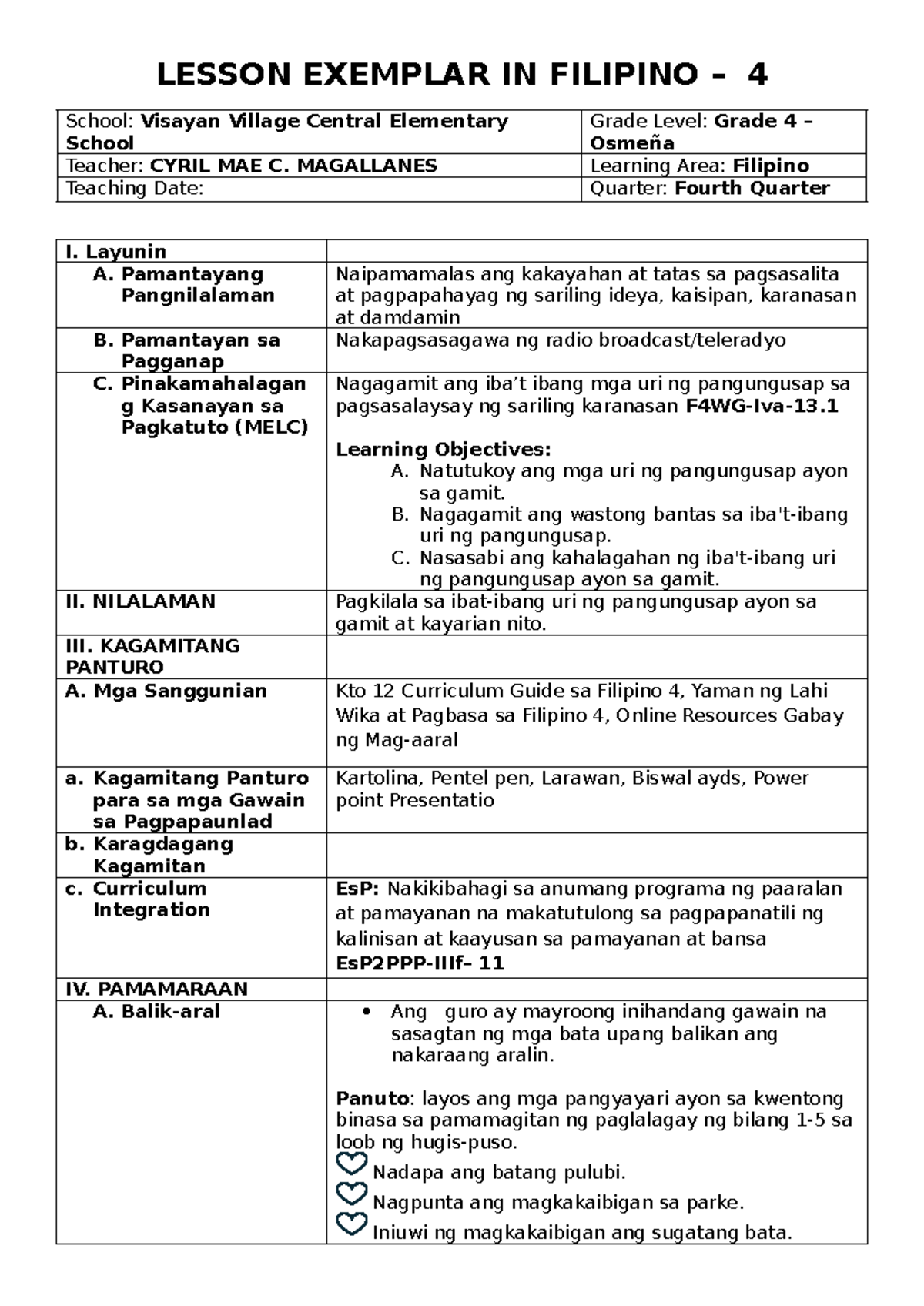 Filipino 4 dlp pangungusap - LESSON EXEMPLAR IN FILIPINO – 4 School ...