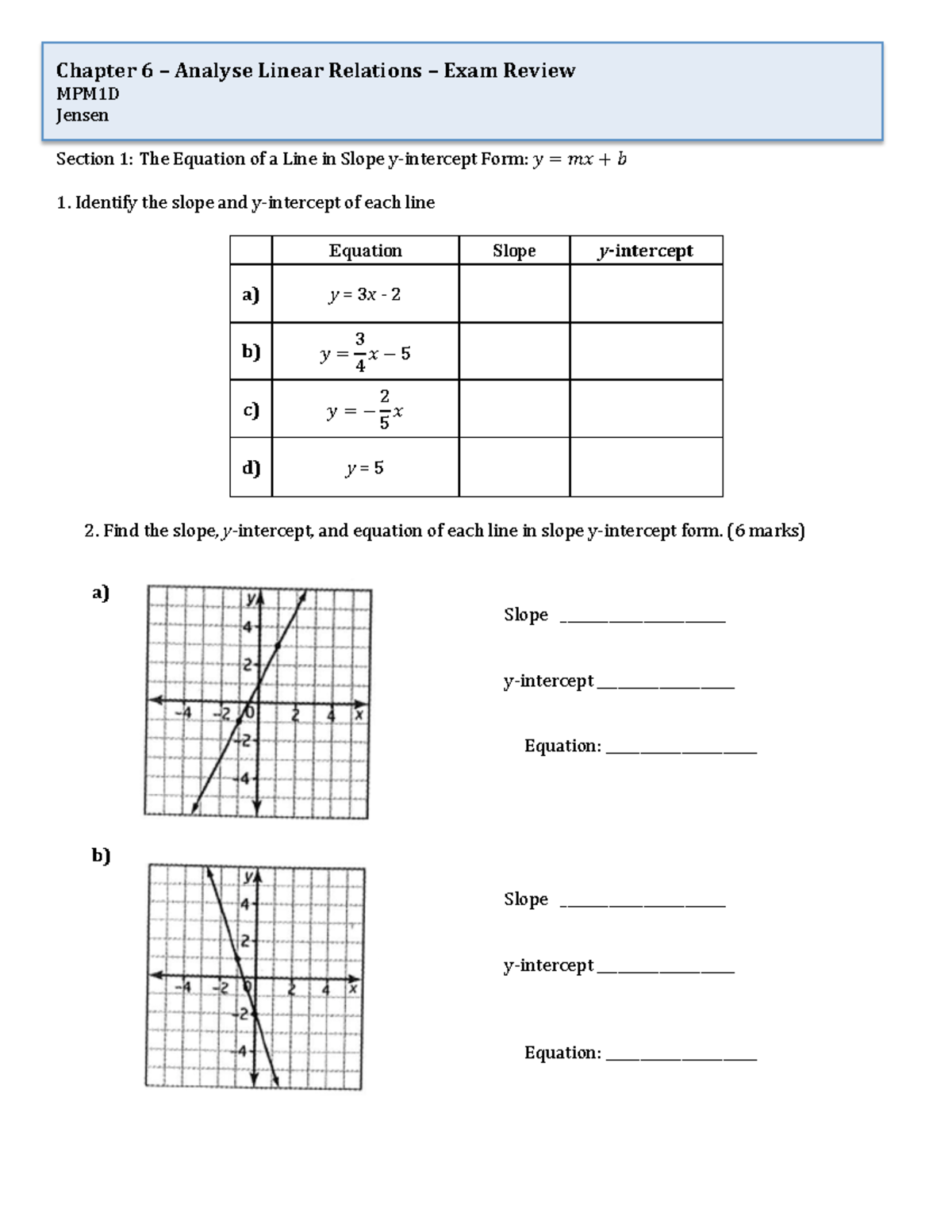 Equation of a Line Review - Chapter 6 – Analyse Linear Relations – Exam ...