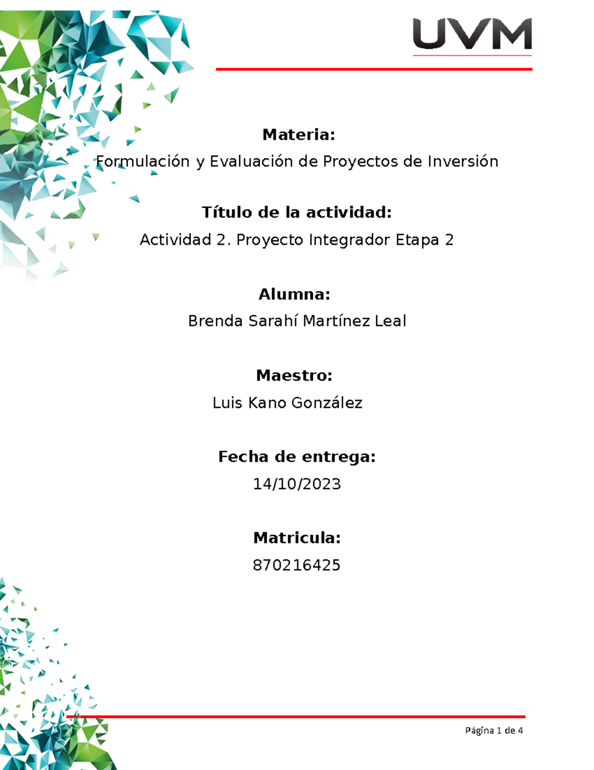 U5 Actividad 8 Proyecto Integrador Etapa 2 - Materia: Formulación y Evaluación de Proyectos de ...