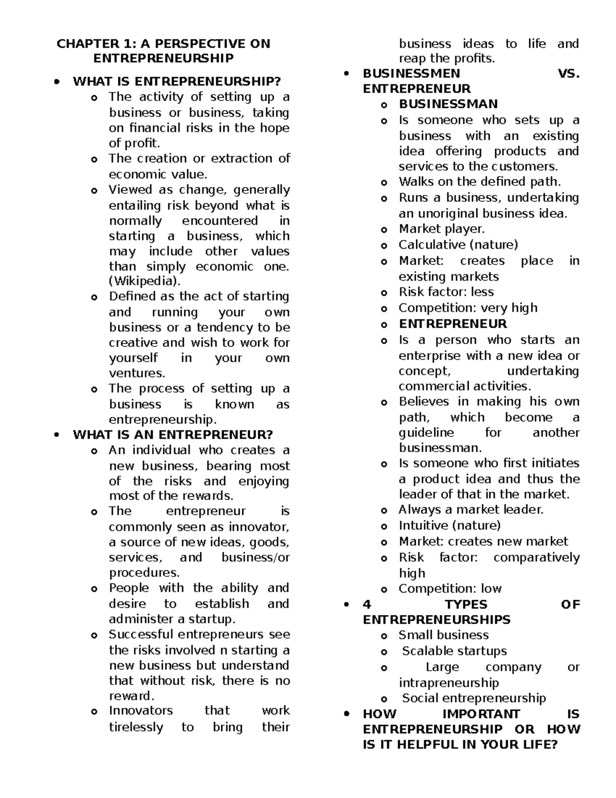 Advance Entrepreneurship Chapter 1 Notes - CHAPTER 1: A PERSPECTIVE ON ...