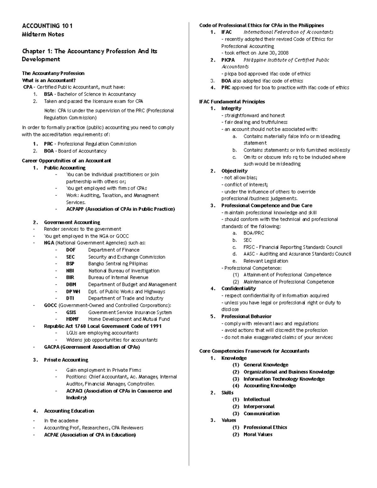 Fundamentals of Accounting Chapter 1-4 Notes - ACCOUNTING 101 Midterm ...