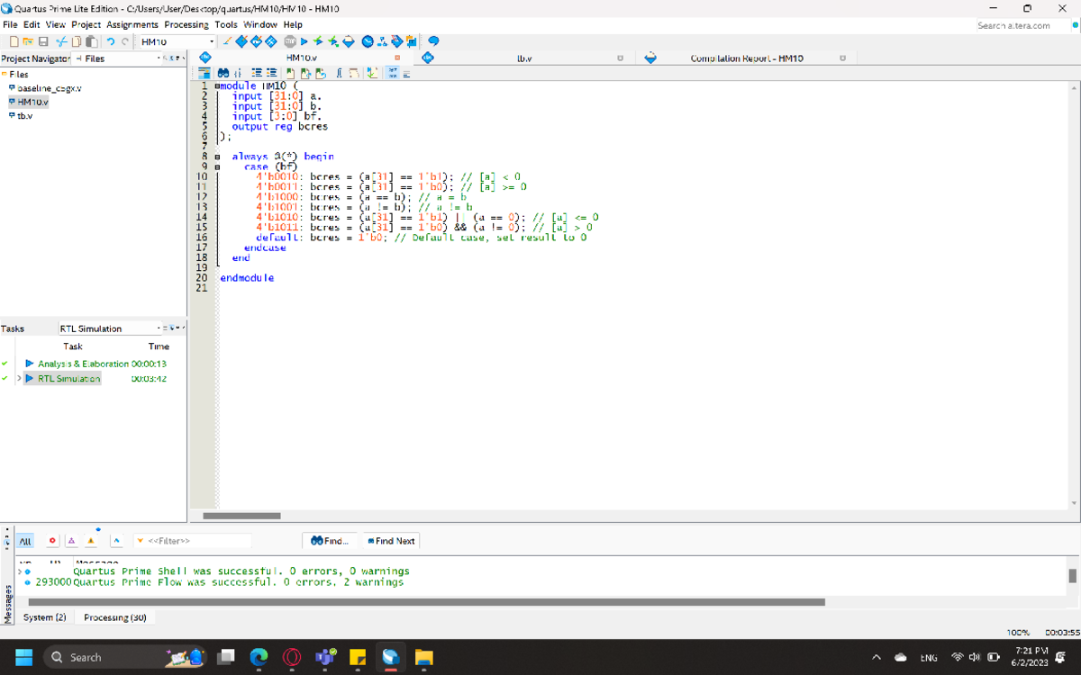 HM10 - homework - Quartus Prime Lite Edition File Edit View Project Assignments Processing Tools ...