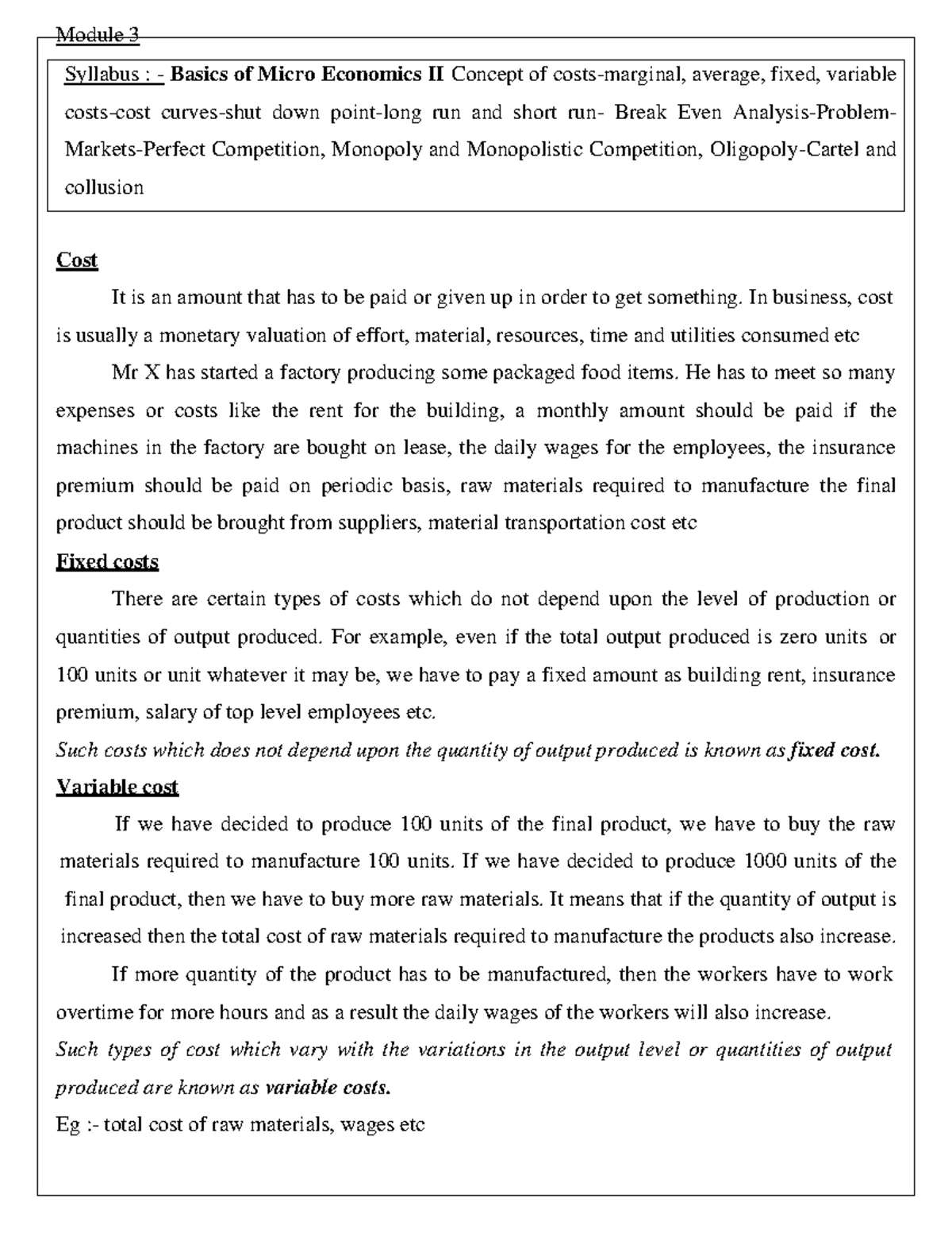 Economics module 3 - it is a short note - Syllabus : - Basics of Micro ...