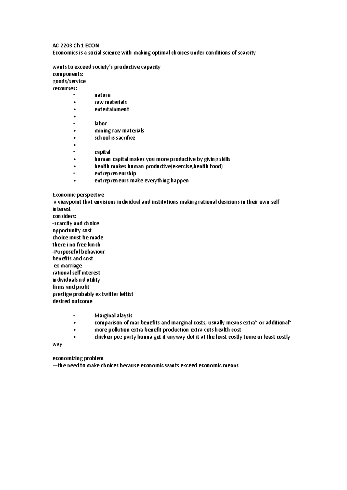 ECON CH 1 - econ notes - AC 2203 Ch 1 ECON Economics is a social ...