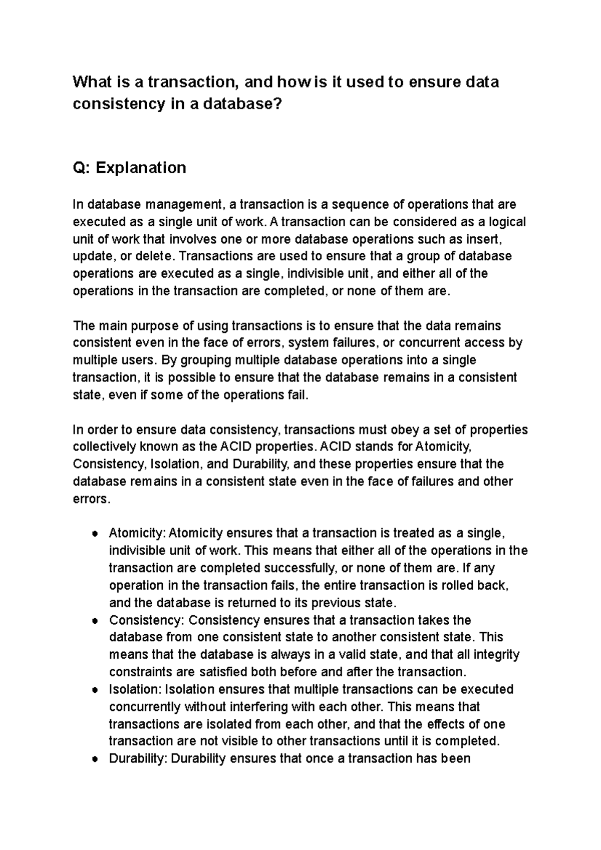What is a transaction, and how is it used to ensure data consistency in ...