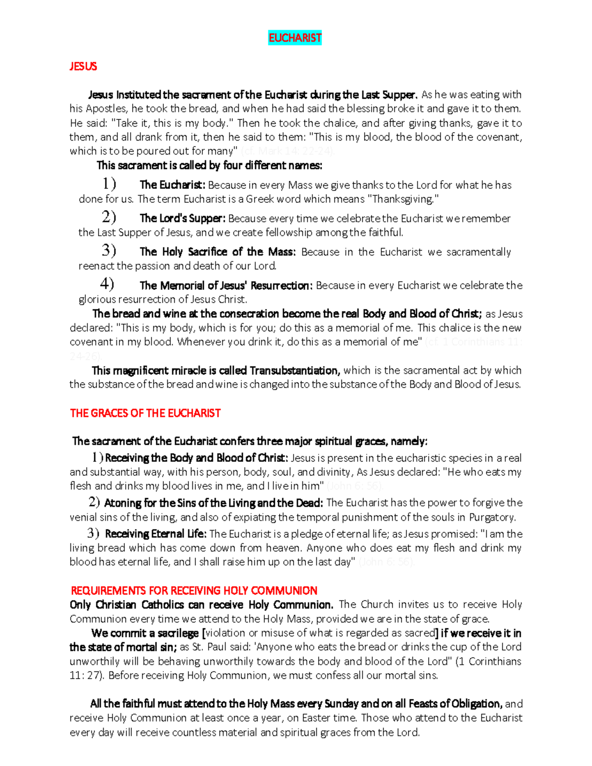 IE 3 Final Exam Reviewer - EUCHARIST JESUS Jesus Instituted the ...