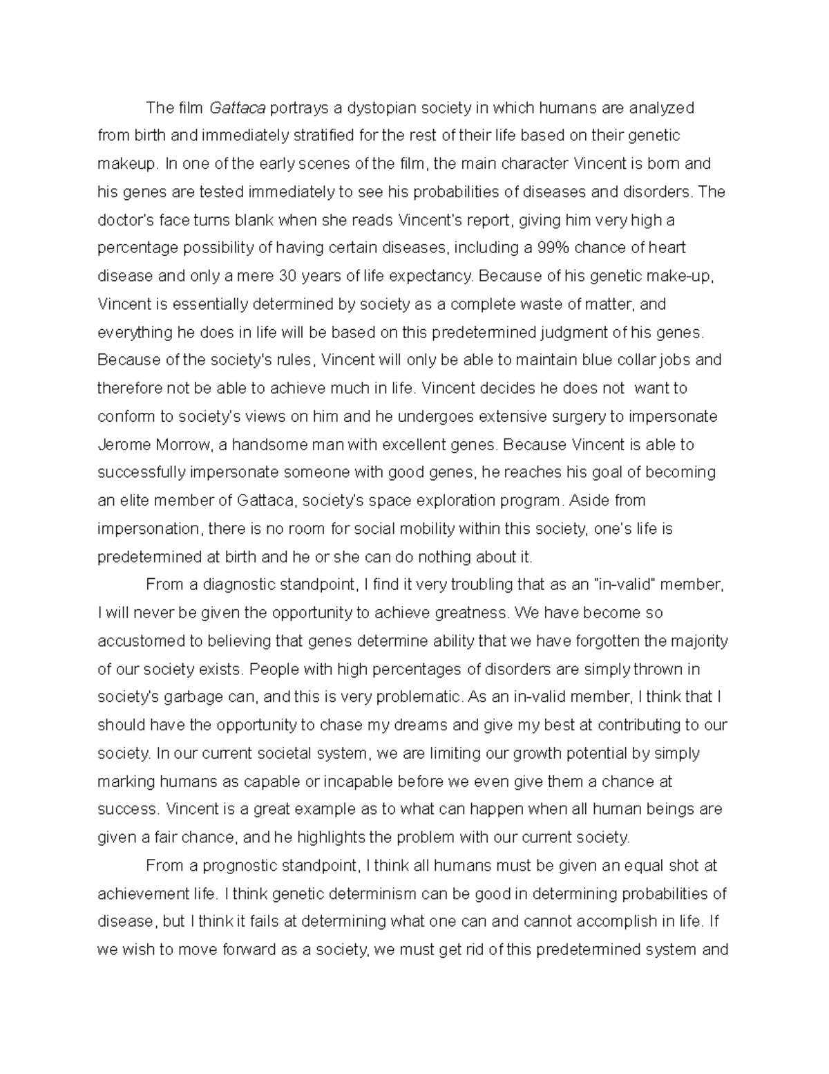 Gattaca write up history - The film Gattaca portrays a dystopian ...