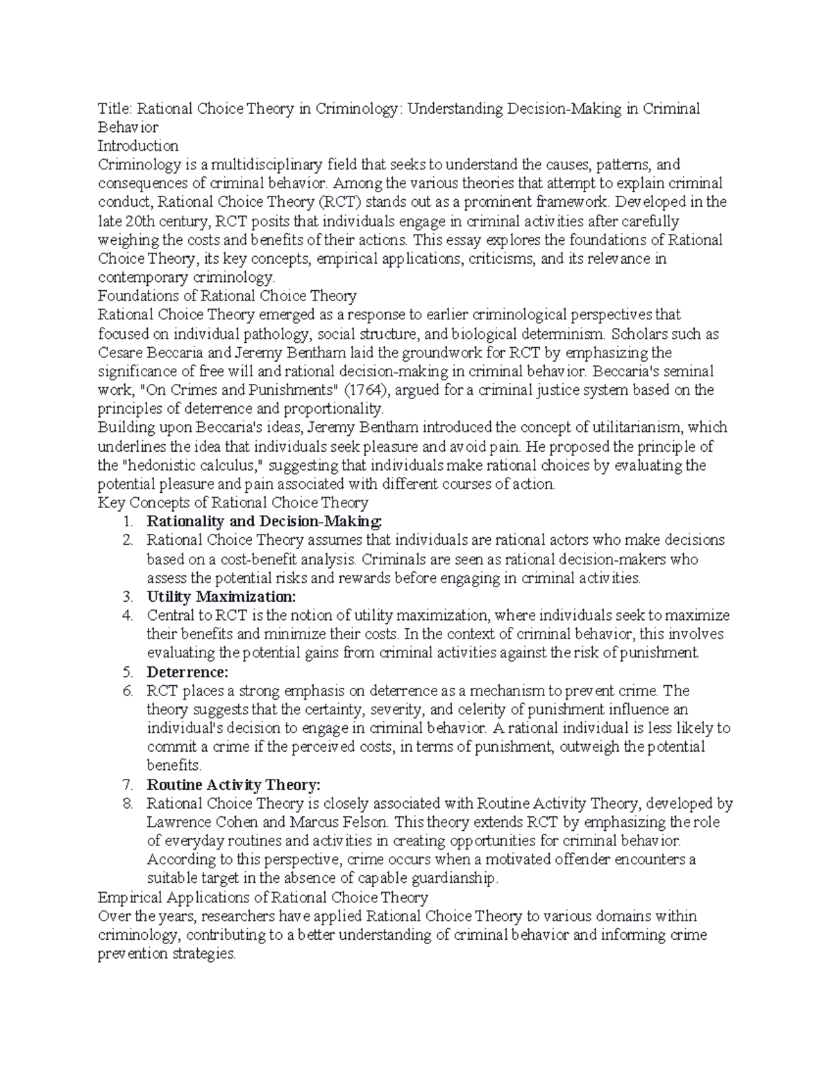 Essay on Rational Choice Theory - Title: Rational Choice Theory in ...
