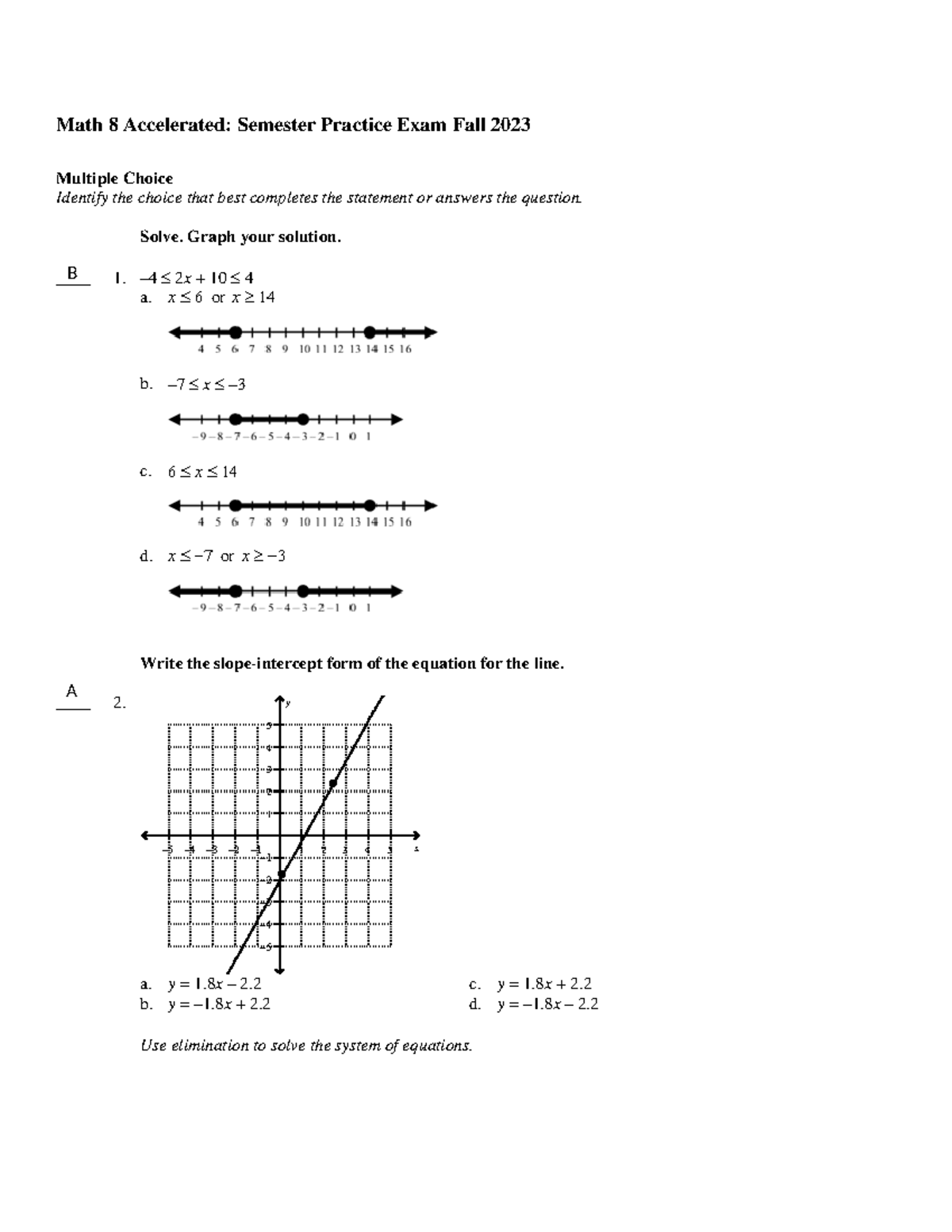 Math 8 Accelerated Semester Practice Exam Answers - Solve. Graph your ...